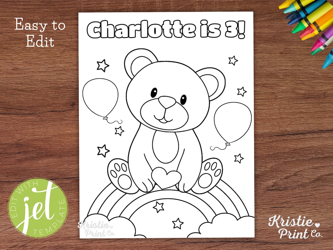 Editable Bear Birthday Favor, Bear Coloring Page Printable, Bear Theme ...