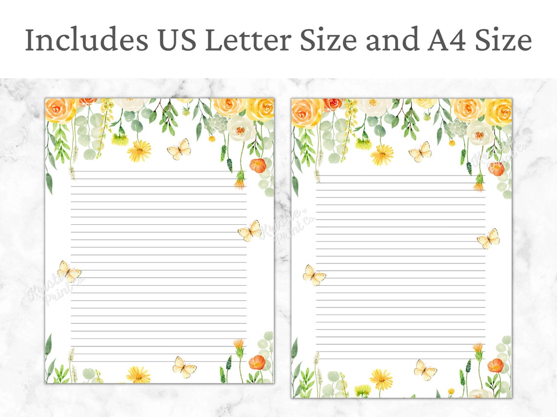 Yellow Floral Stationery, Floral Printable Stationery Paper, Floral ...