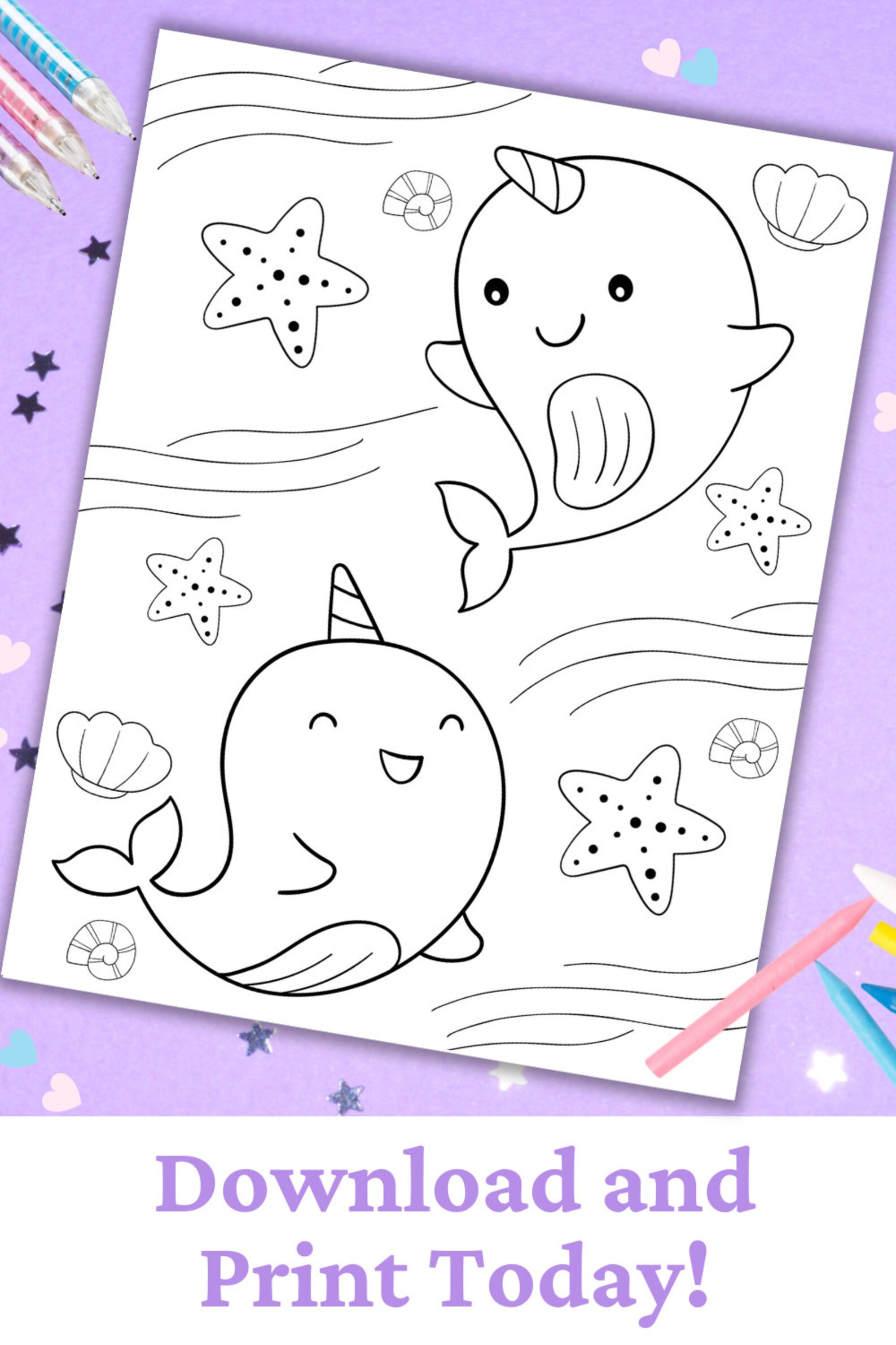 Narwhal Coloring Pages for Kids, Kids Party Games, Birthday Favor ...