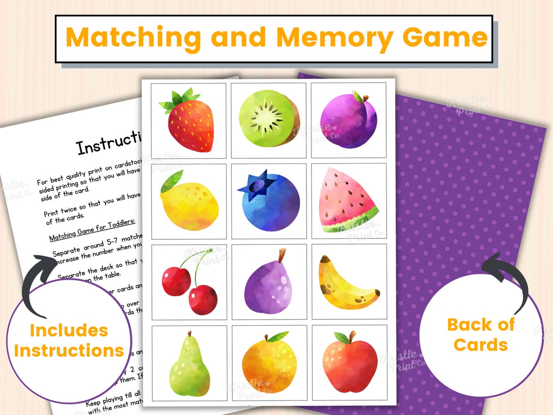 Fruit Matching Game Printable, Matching Card Game, Memory Game ...