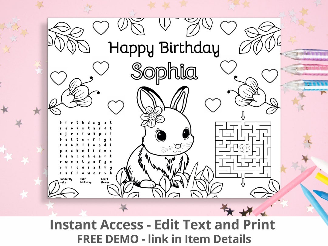 Editable Bunny Placemat Happy Birthday Coloring Page Bunny Birthday ...
