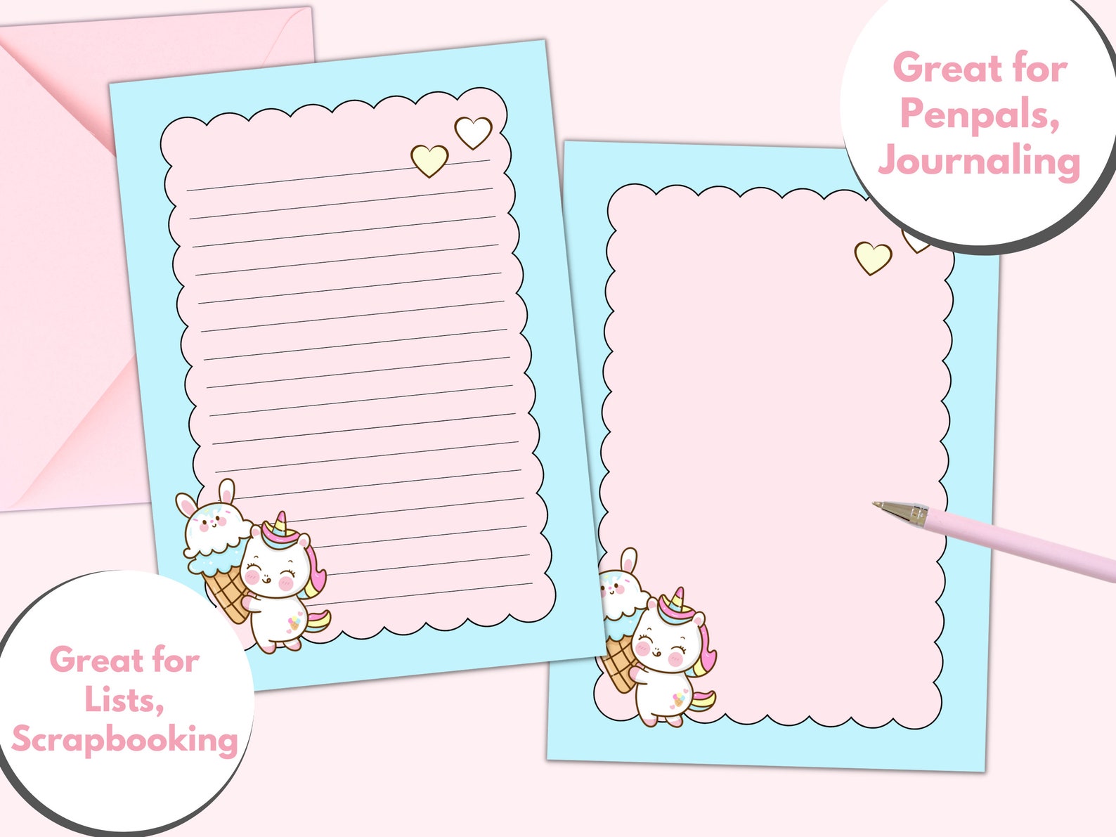 Unicorn Stationery, Printable Kawaii Letter Paper, Kawaii Stationery ...