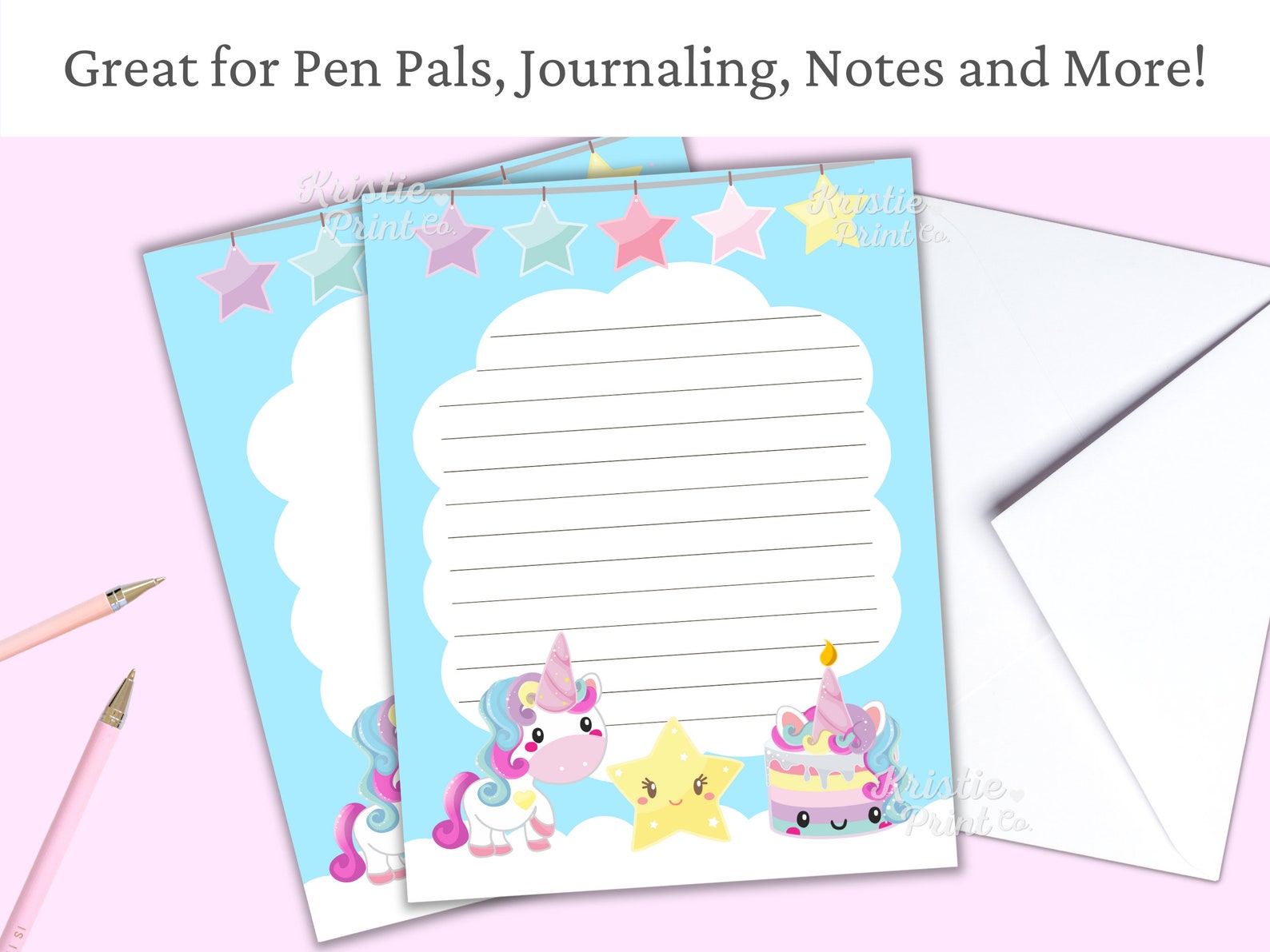 Printable Unicorn Stationery, Little Girl Stationery, Printable Kawaii ...