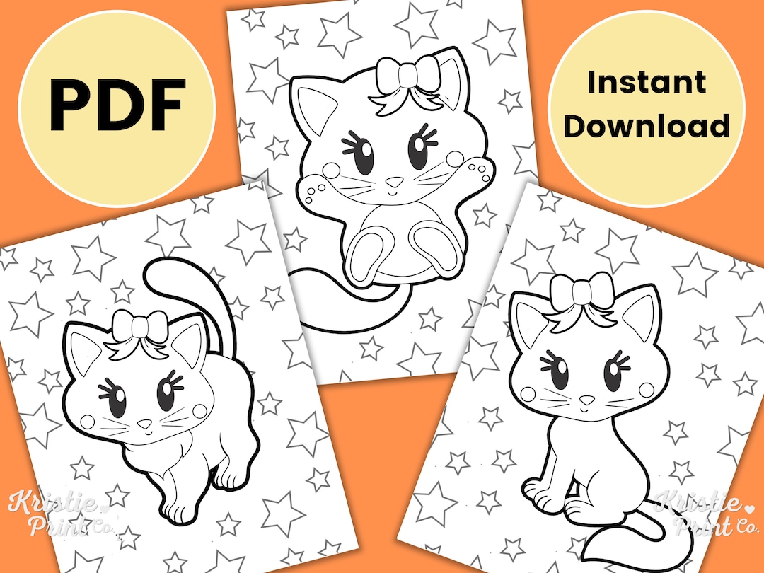 Cat Coloring Pages for Kids, Kitten Coloring Pages, Cat Birthday Favor ...