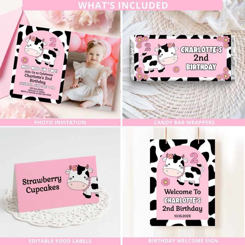 Editable Birthday Bundle Party Supplies Pink Cow Birthday Decorations ...