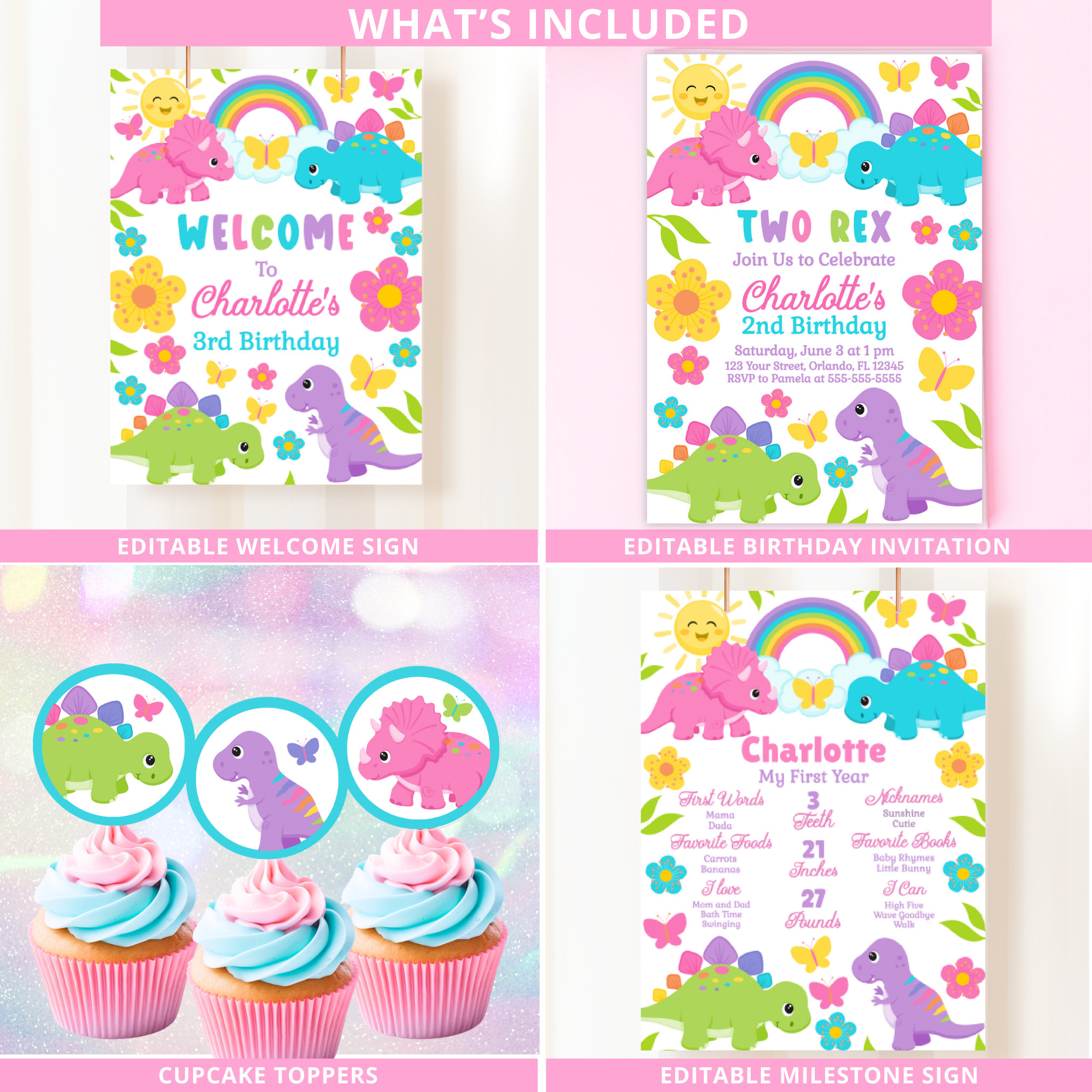Two Rex Party Bundle Dinosaur Birthday Invitation Girl Dino Birthday ...