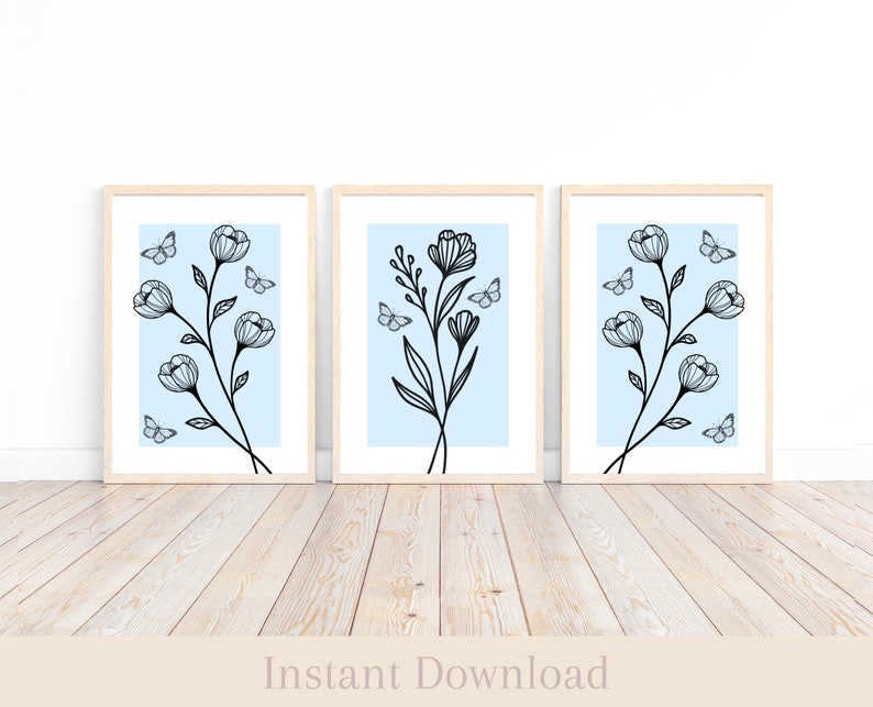 Light Blue Wall Art Set of 3 Flower Pictures for Wall Peony Print ...
