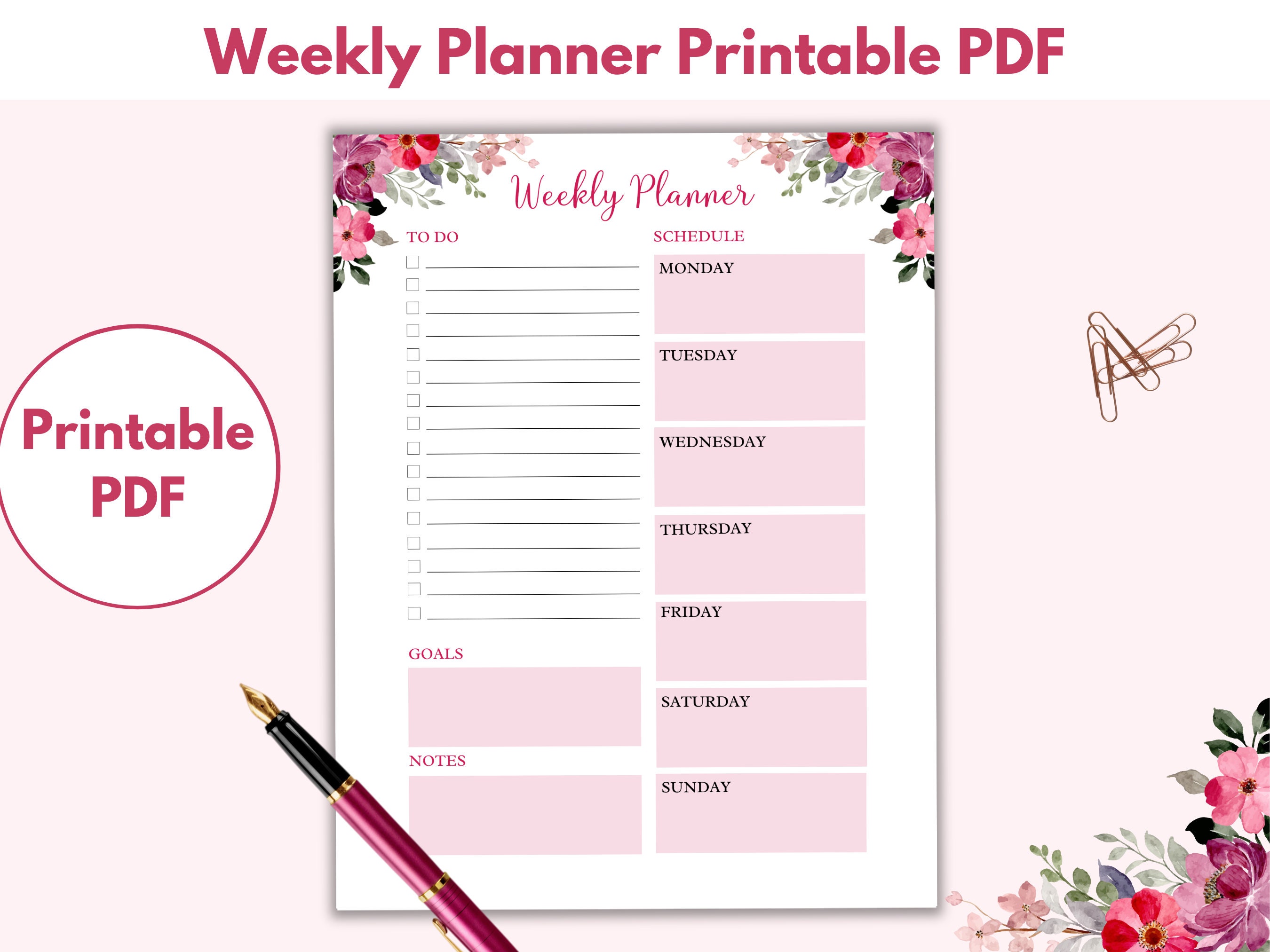 Floral Printable Planner, Daily Planner, Weekly Planner, Monthly ...