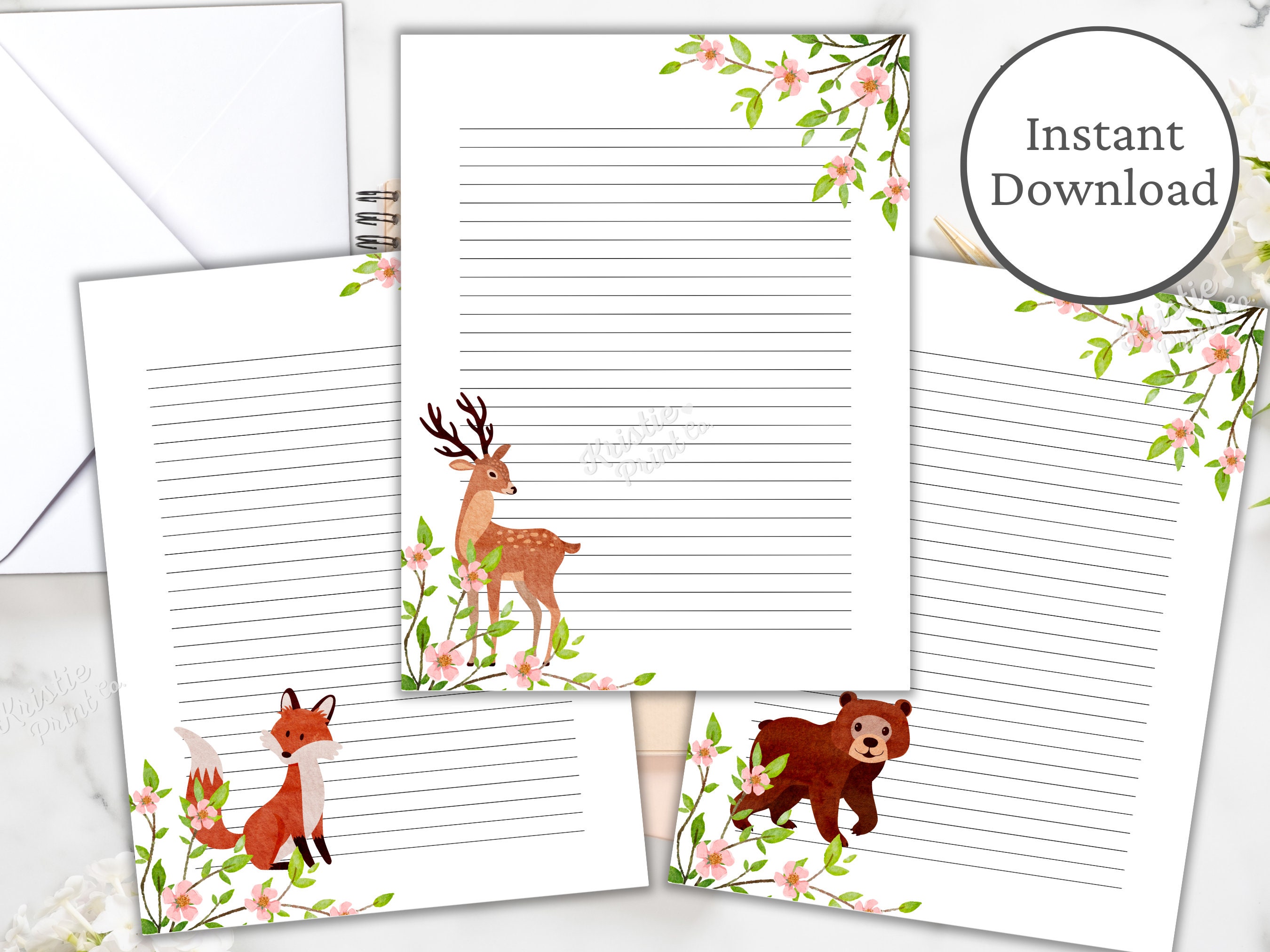 Cute Woodland Stationery, Forest Animals Stationery, Digital Note Paper ...