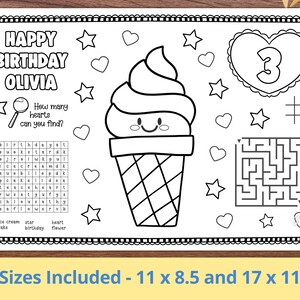Editable Ice Cream Placemat, Ice Cream Coloring Page for Kids, Kids ...