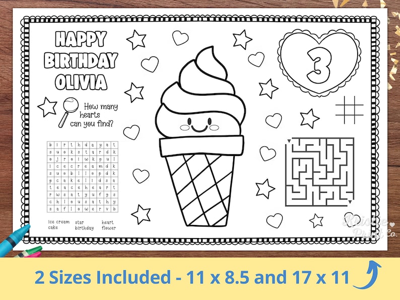 Editable Ice Cream Placemat, Ice Cream Coloring Page for Kids, Kids ...