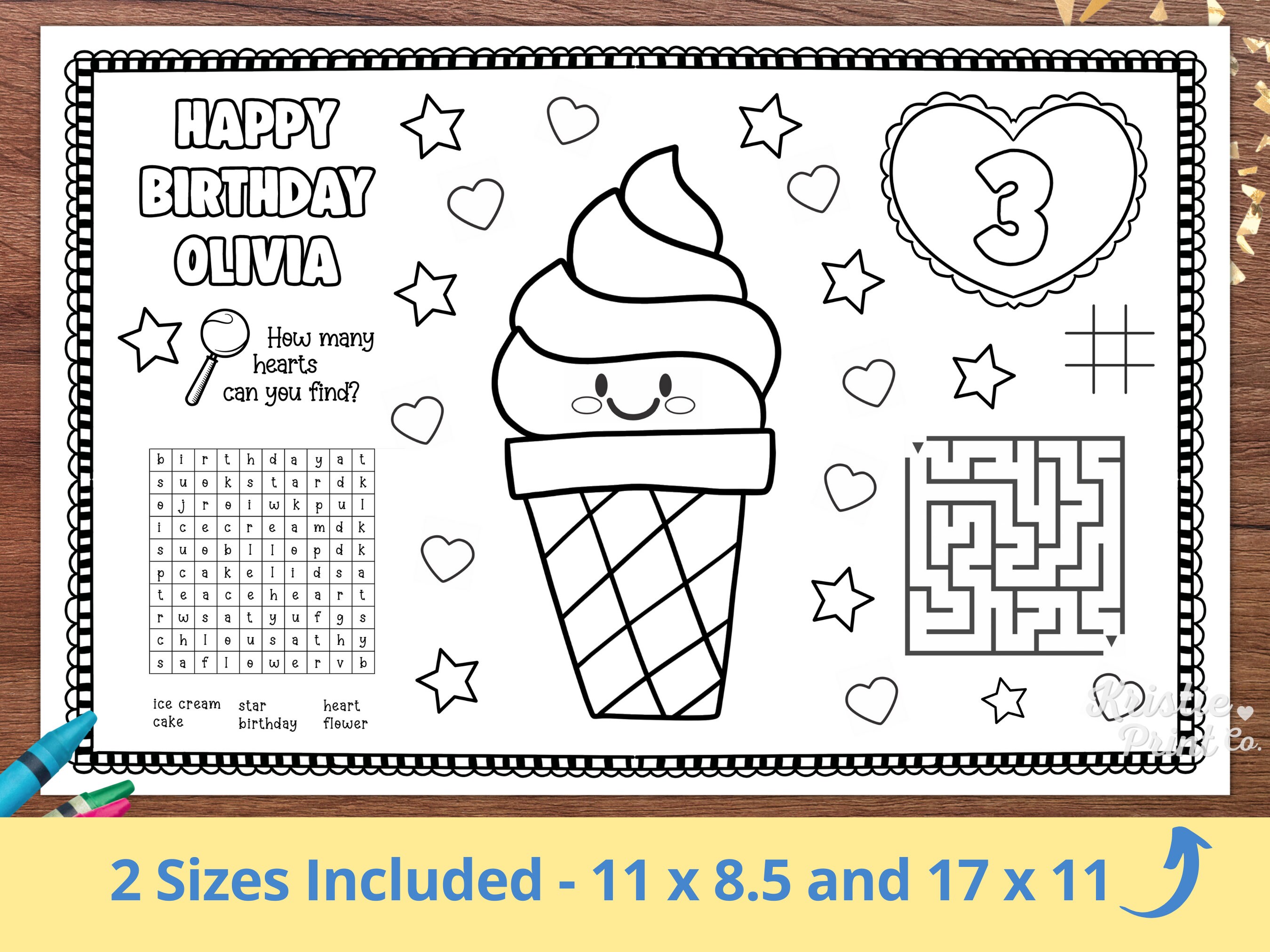 Editable Ice Cream Placemat, Ice Cream Coloring Page for Kids, Kids ...