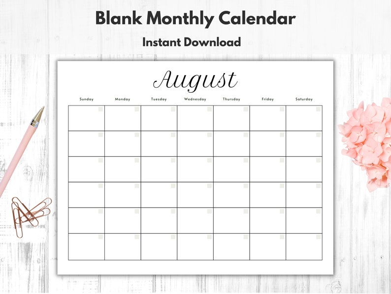 Monthly Blank Calendar, Printable Calendar Template, Horizontal ...