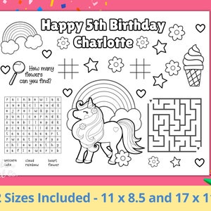 Editable Birthday Party Coloring Placemat, Unicorn Birthday, Unicorn ...
