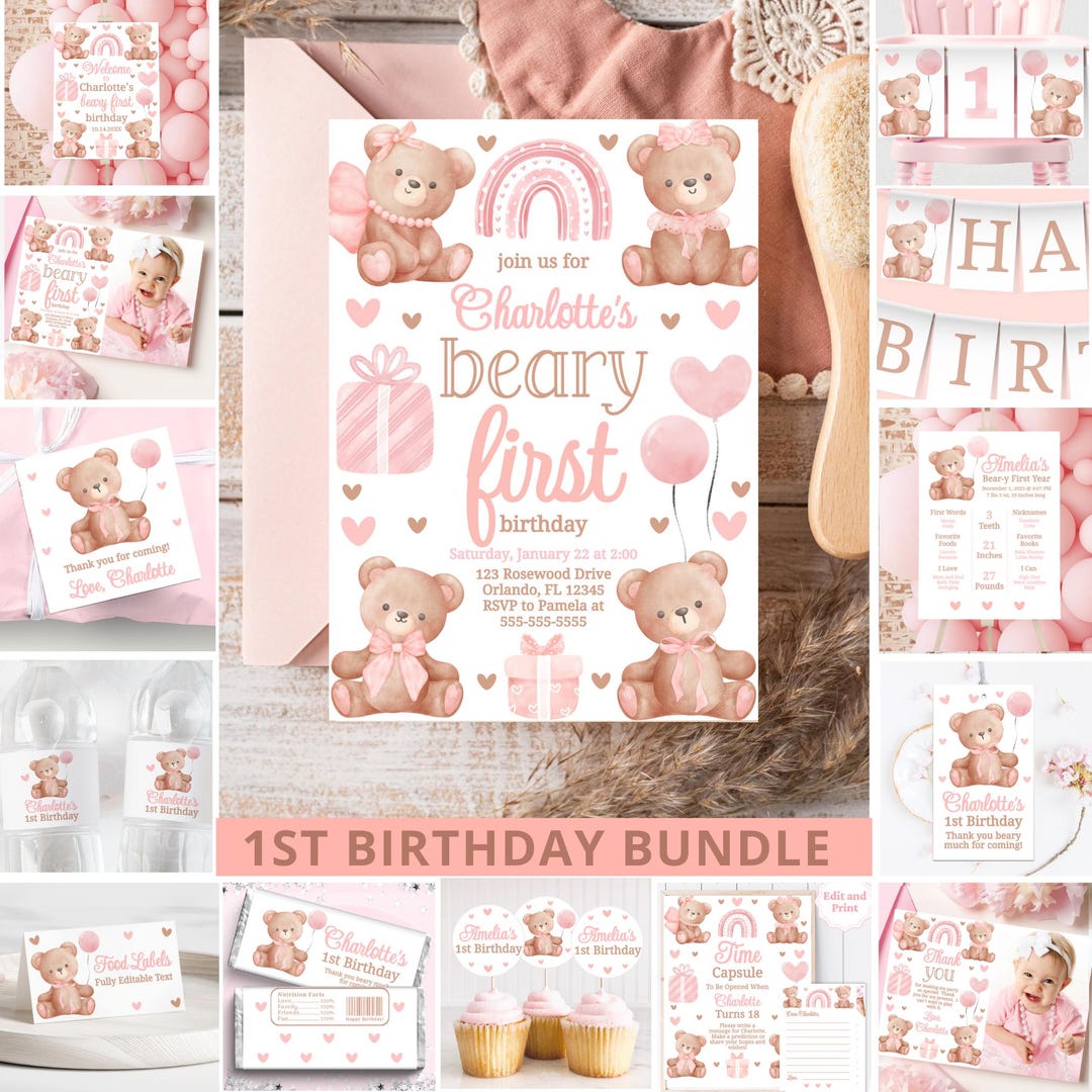 Beary First Birthday Bundle Girl Bear First Birthday Coquette Birthday ...