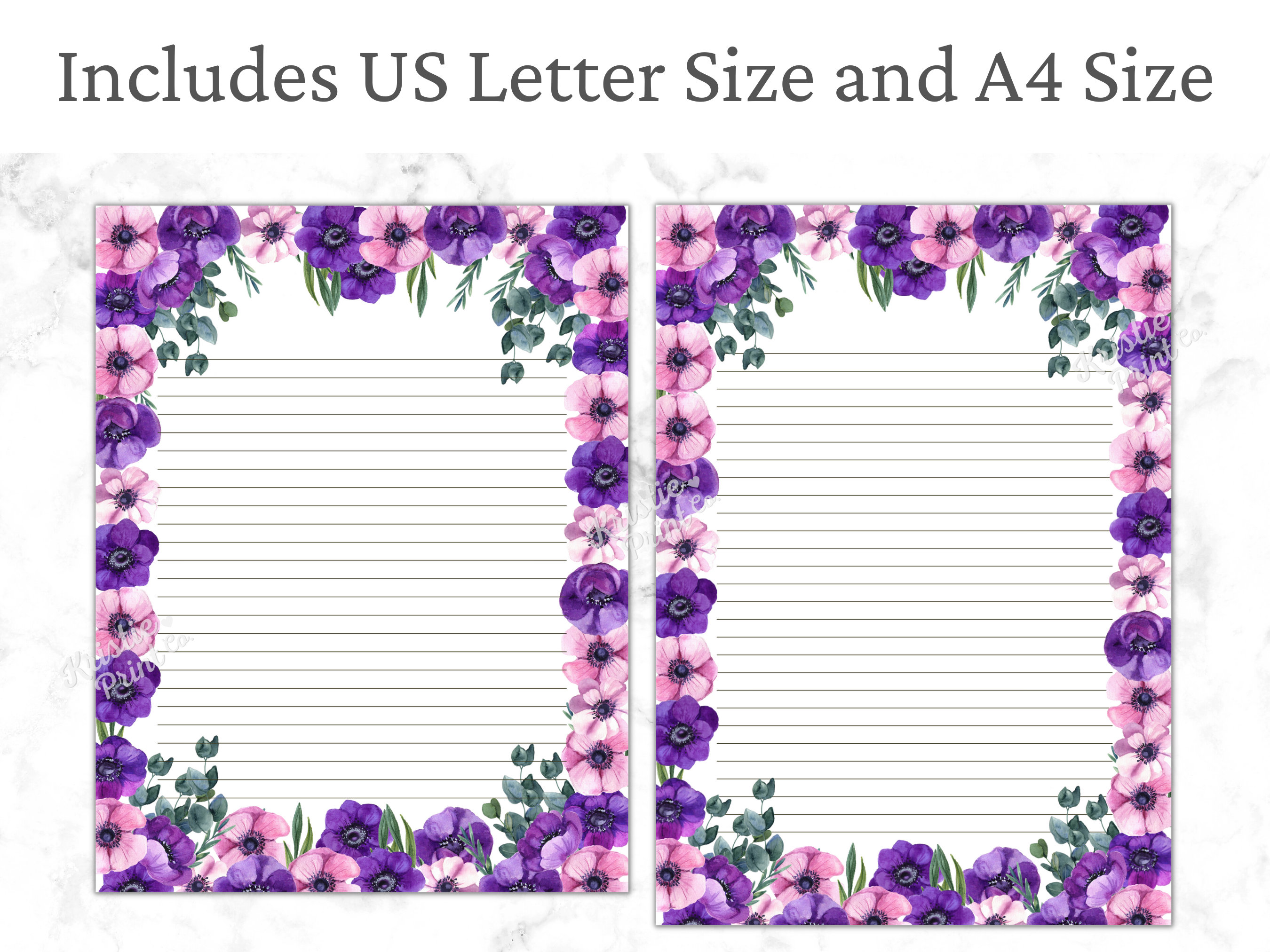 Purple Floral Stationary, Cute Letter Writing Paper, Border Stationery ...