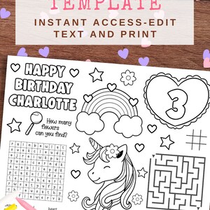 Editable Unicorn Placemat, Birthday Party Coloring Placemat, Unicorn ...