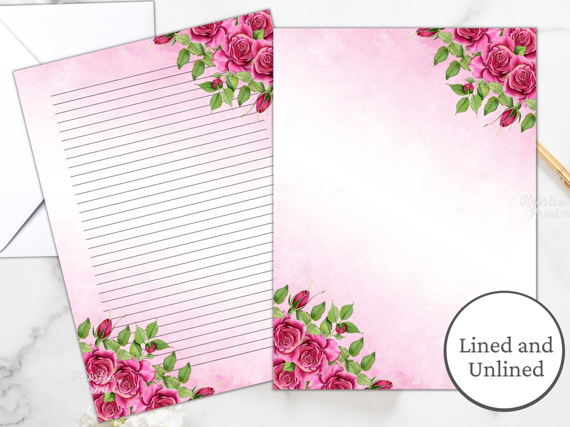 Rose Stationary Printable, Floral Lined Paper, Printable Stationery ...