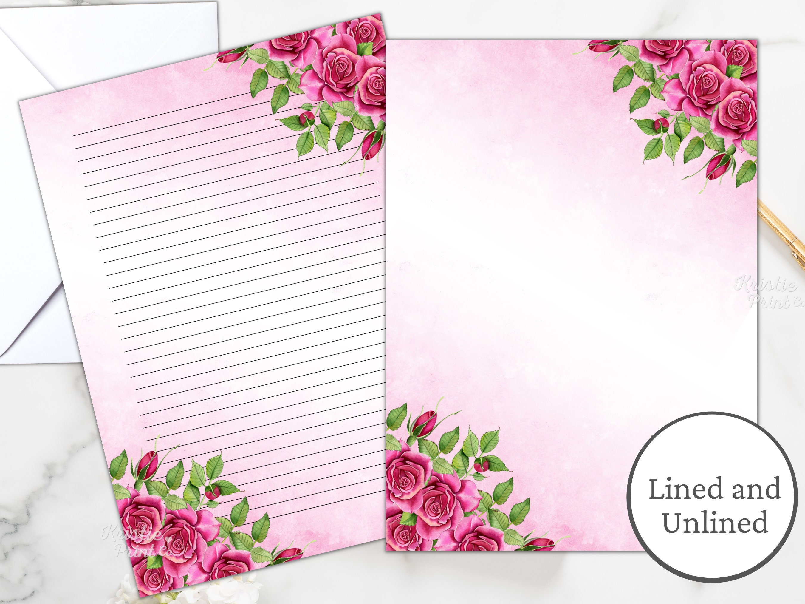 Rose Stationary Printable, Floral Lined Paper, Printable Stationery ...