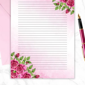 Rose Stationary Printable, Floral Lined Paper, Printable Stationery ...