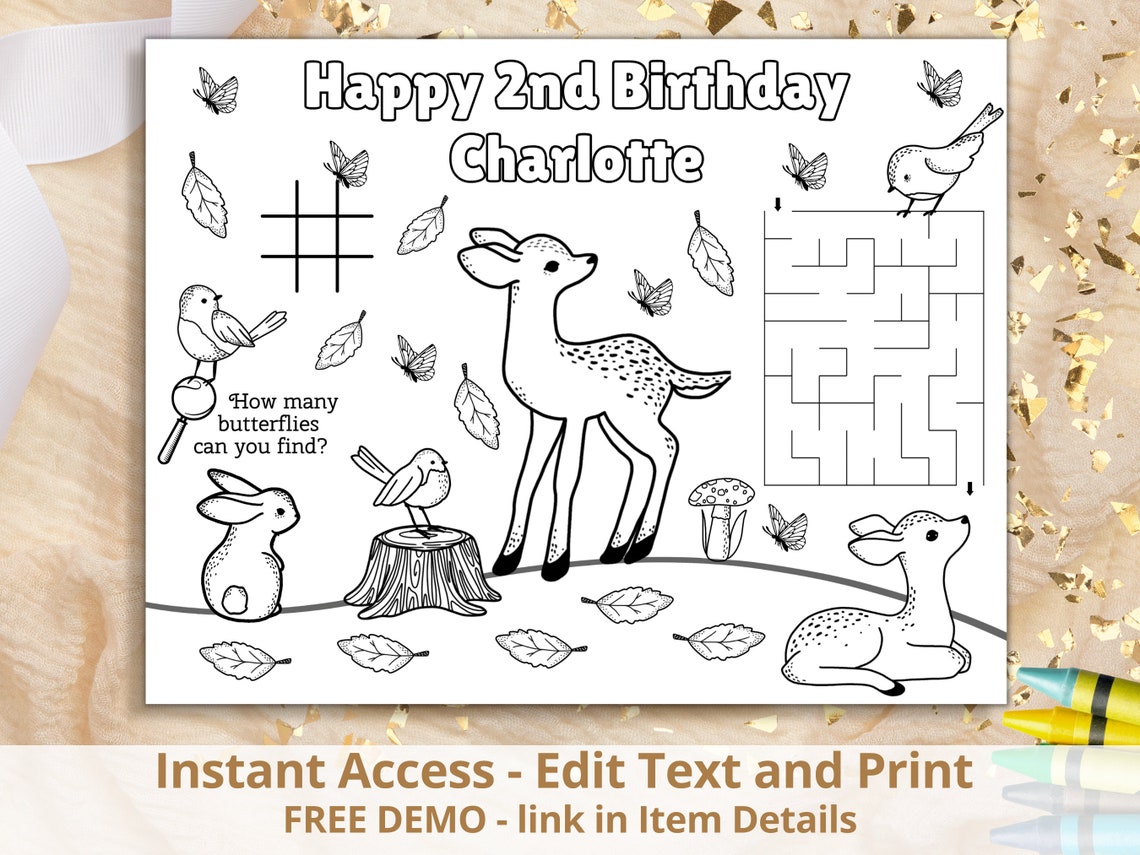 Editable Birthday Party Coloring Placemat, Woodland Birthday Party ...