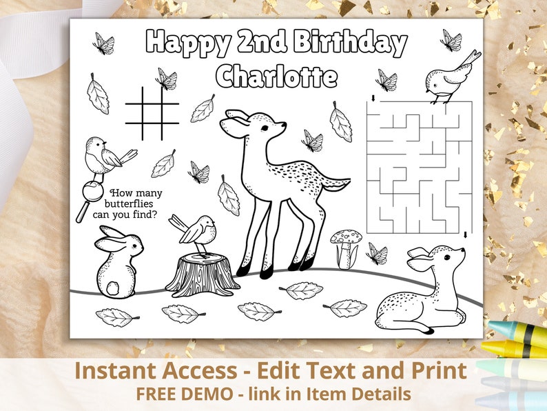 Editable Birthday Party Coloring Placemat, Woodland Birthday Party ...