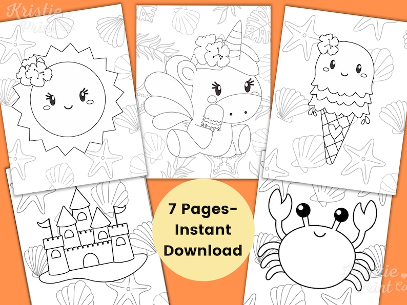 Summer Coloring Pages for Kids, Kids Party Games, Beach Birthday Favor ...