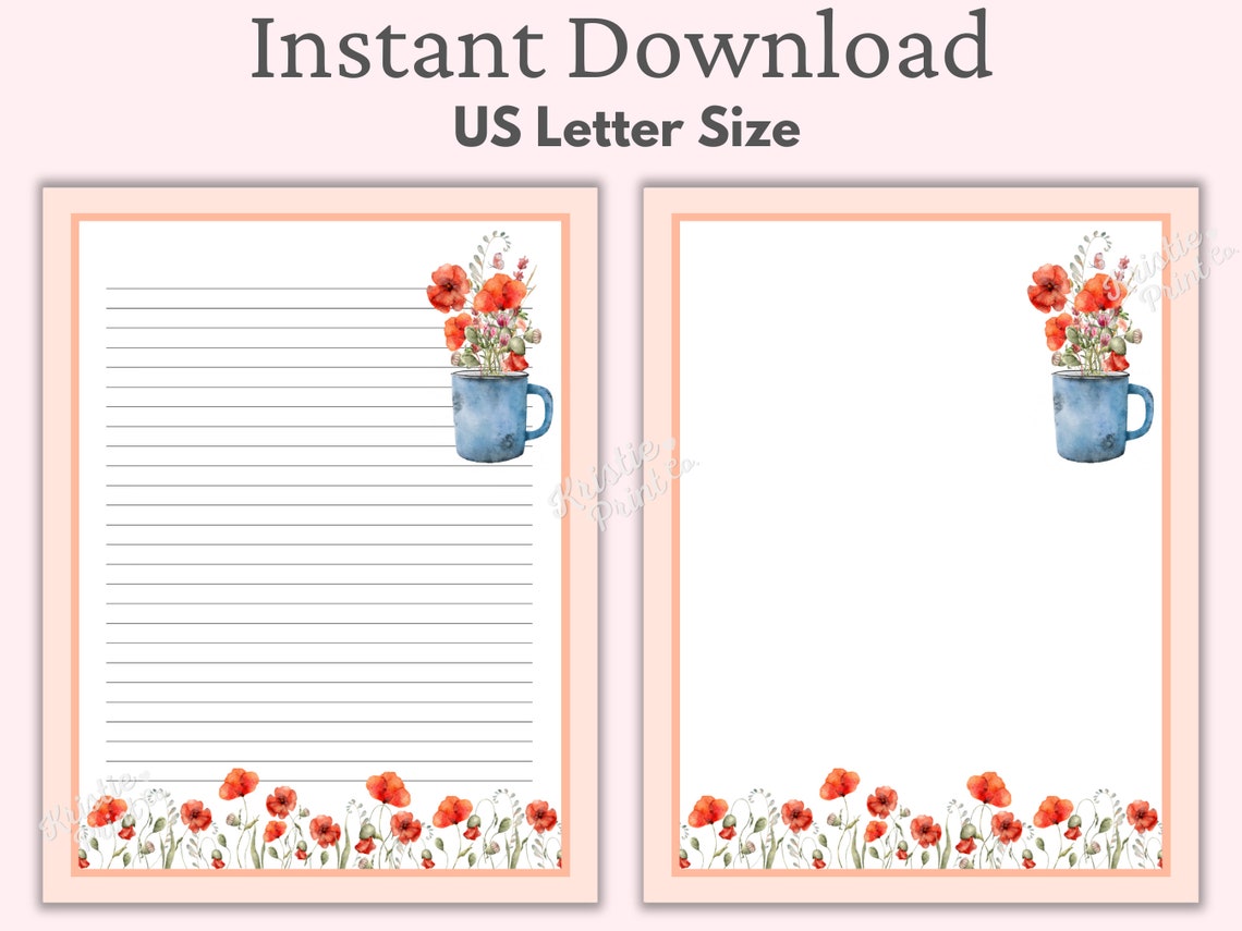 Poppy Stationery, Printable Lined Paper Bundle, Letter Writing Paper ...
