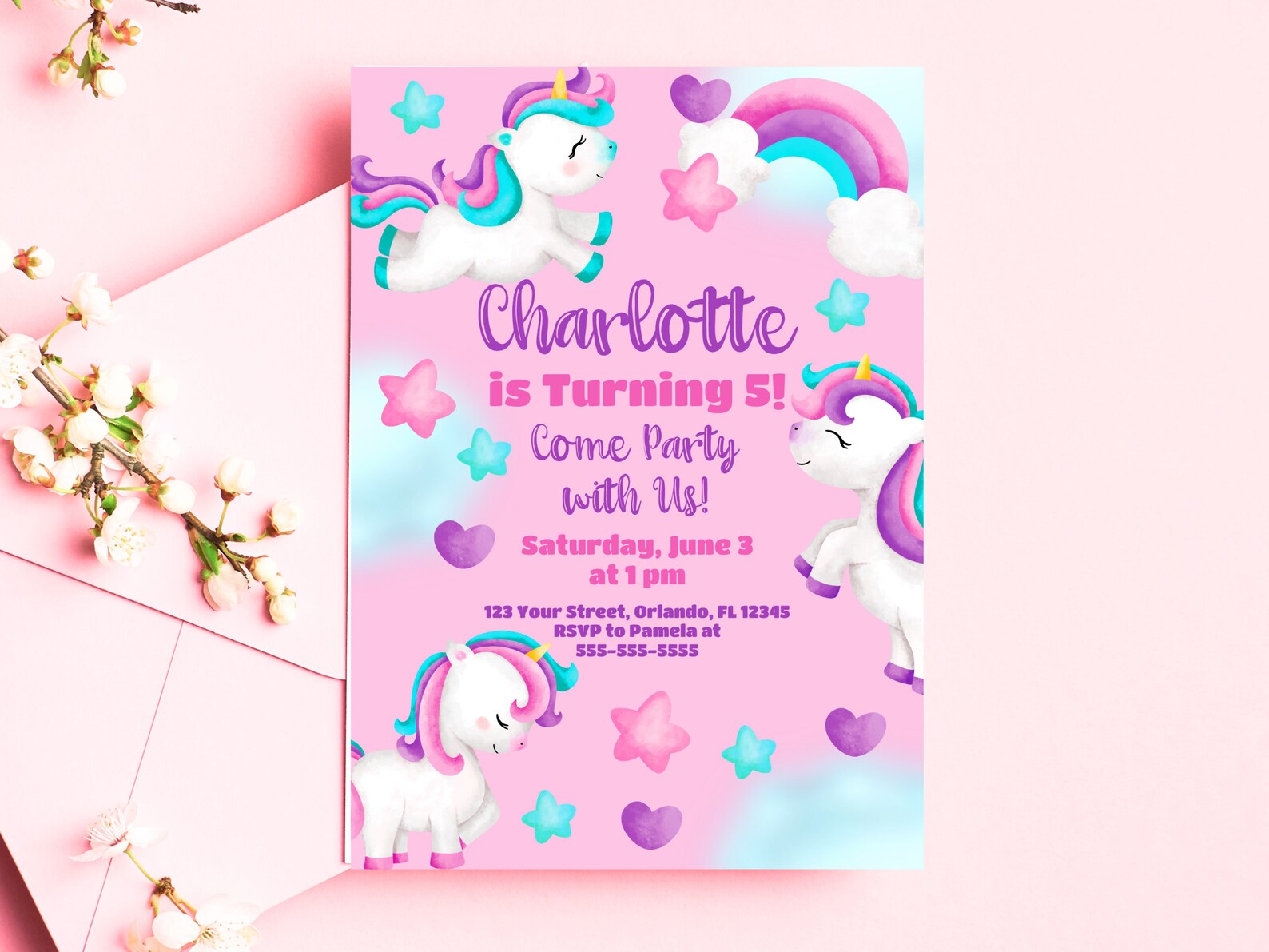 Cute Unicorn Invitation Pink Girls Birthday Unicorn Party Invite Pink ...