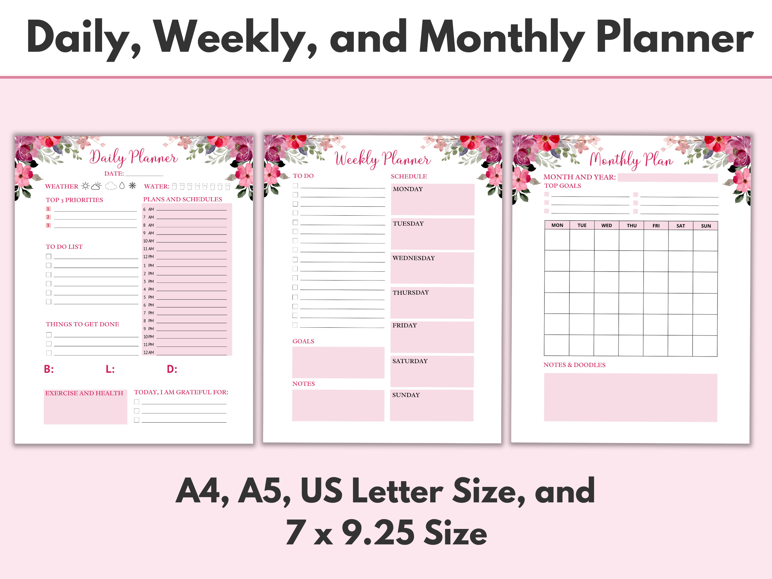 Floral Printable Planner, Daily Planner, Weekly Planner, Monthly ...