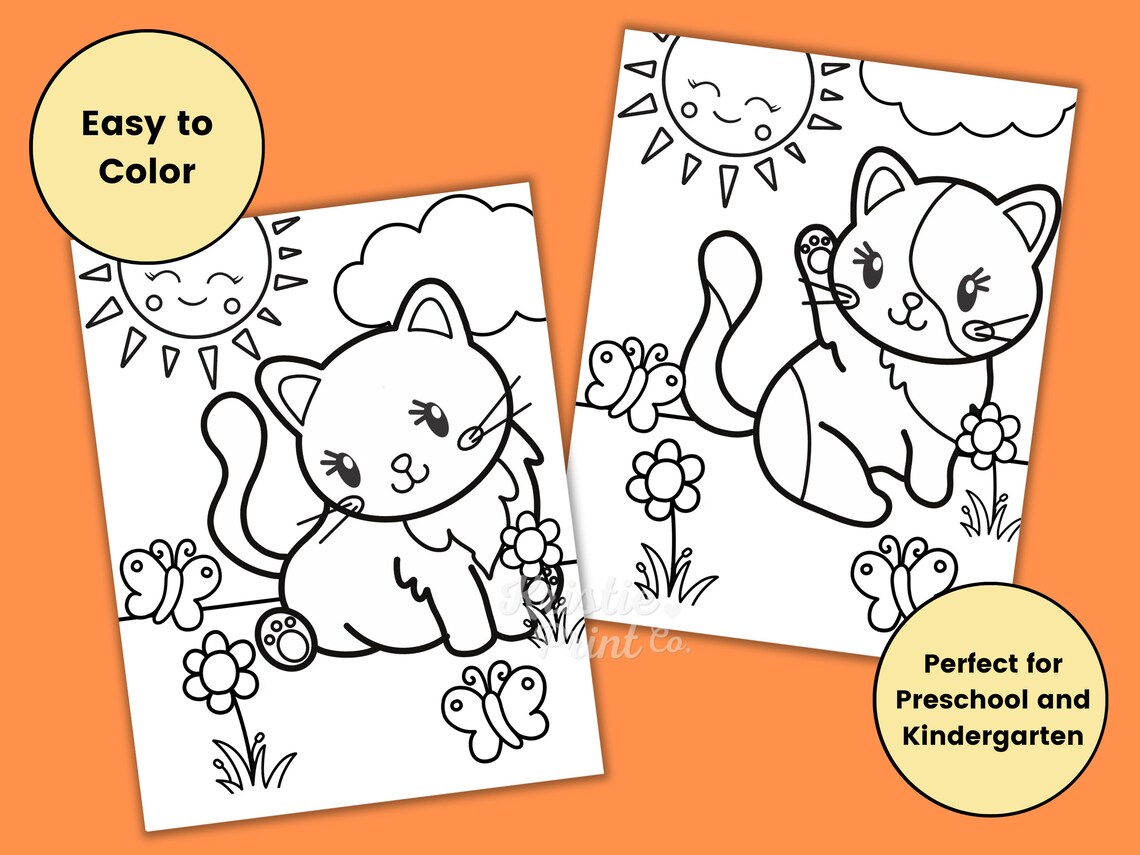 Cat Coloring Pages for Kids, Kitten Coloring Pages, Cat Birthday Favor ...