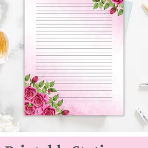 Rose Stationary Printable, Floral Lined Paper, Printable Stationery ...