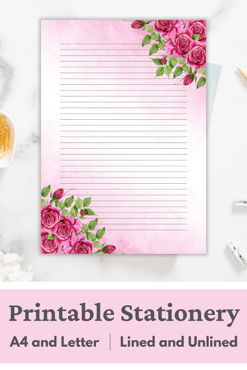 Rose Stationary Printable, Floral Lined Paper, Printable Stationery ...