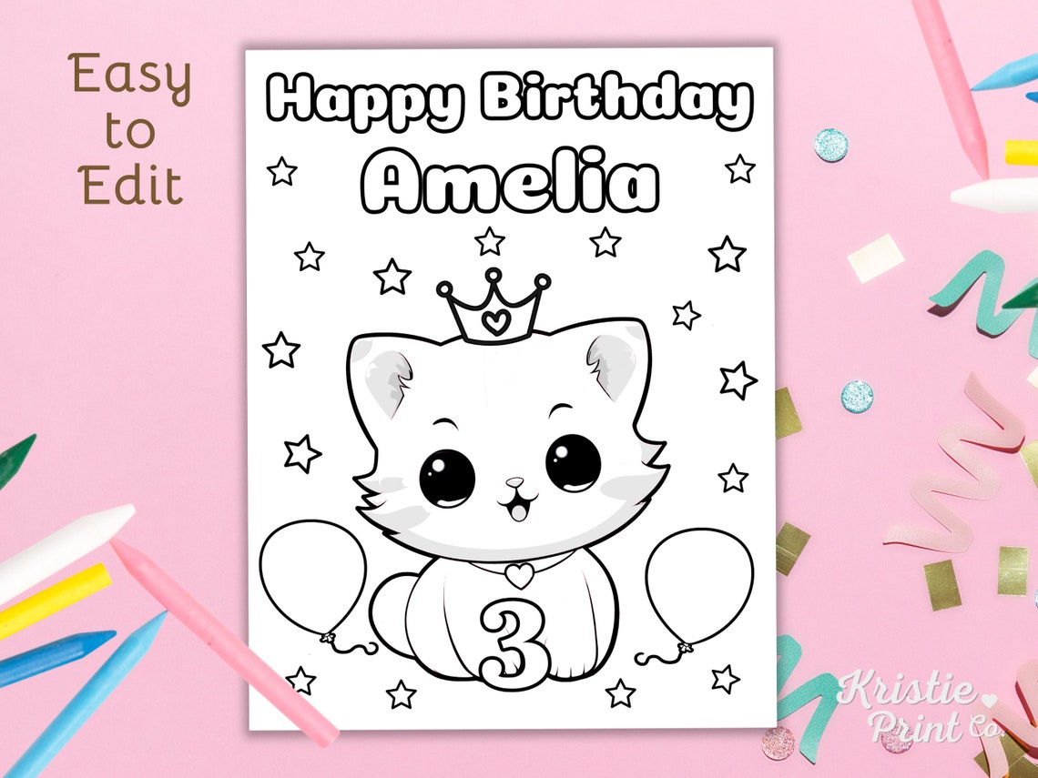 Editable Cat Birthday Coloring Page Printable Birthday Activity Custom ...