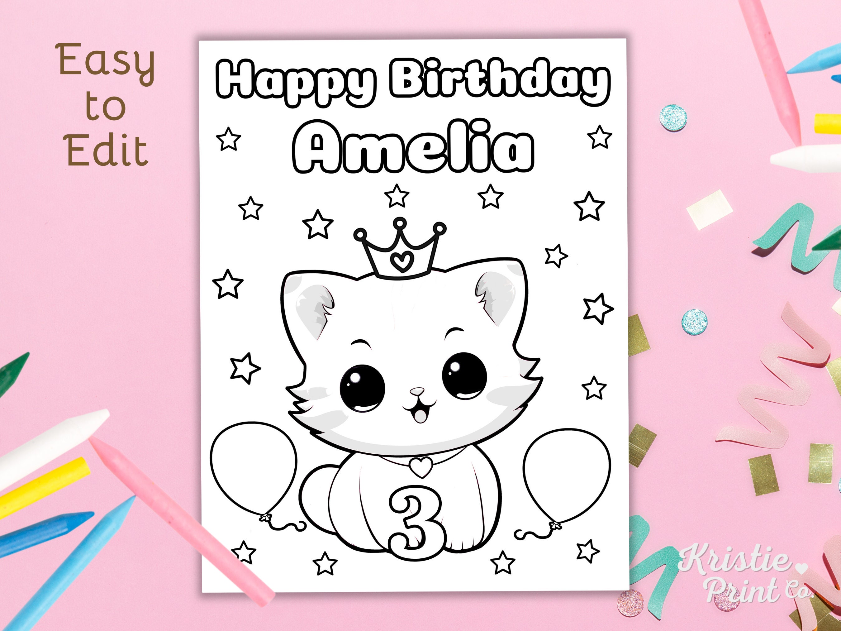 Editable Cat Birthday Coloring Page Printable Birthday Activity Custom ...