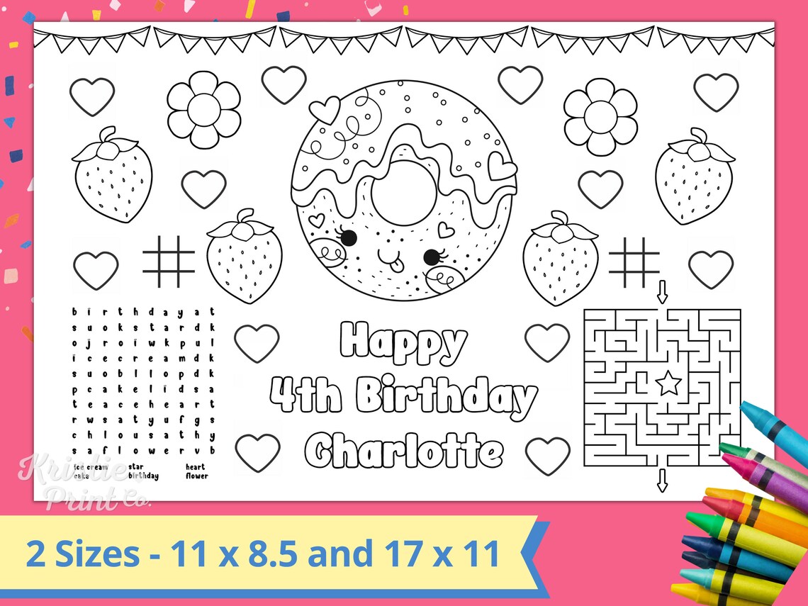 Doughnut Birthday Party Coloring Placemat, Happy Birthday Coloring Page ...