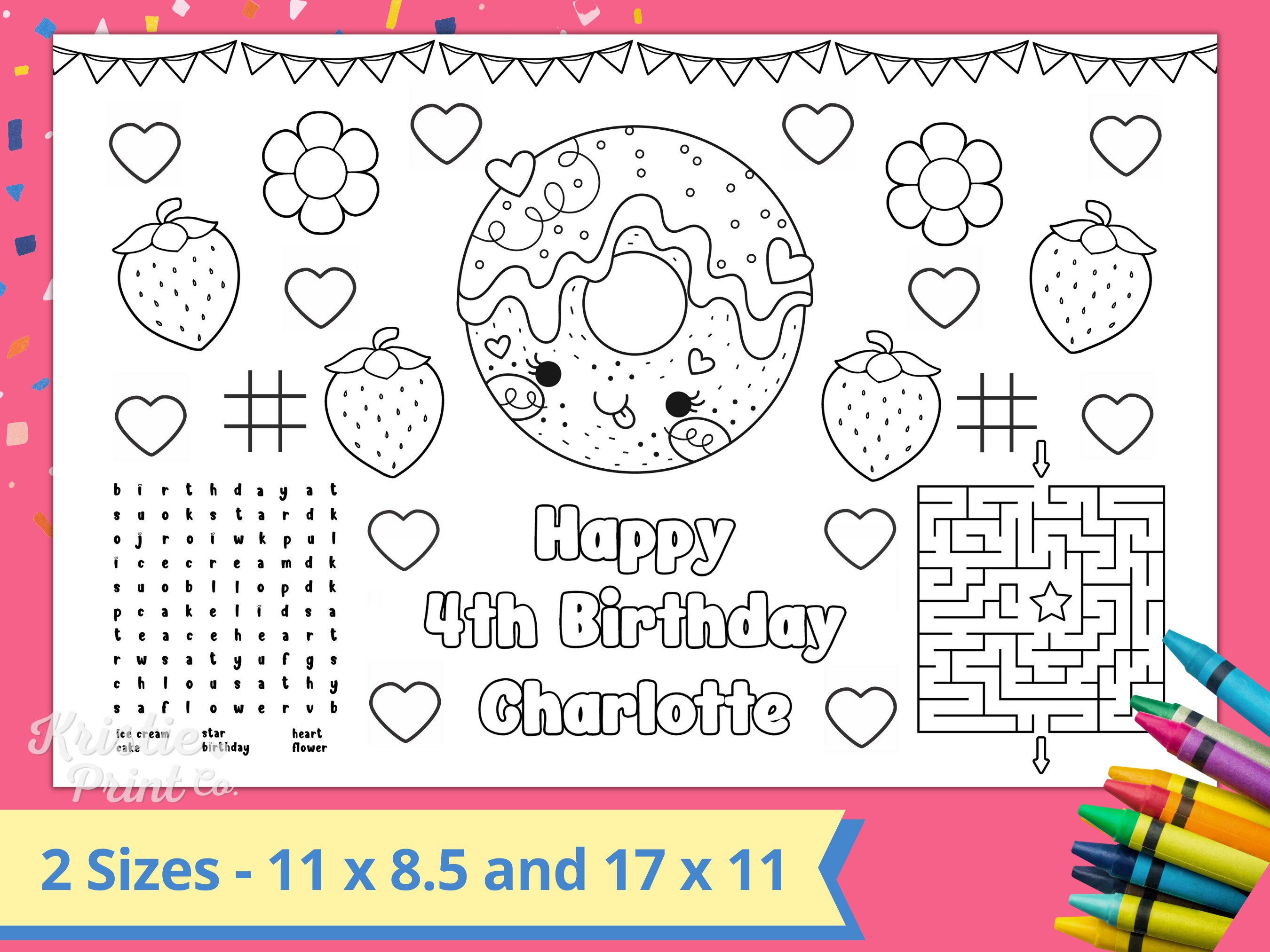 Doughnut Birthday Party Coloring Placemat, Happy Birthday Coloring Page ...