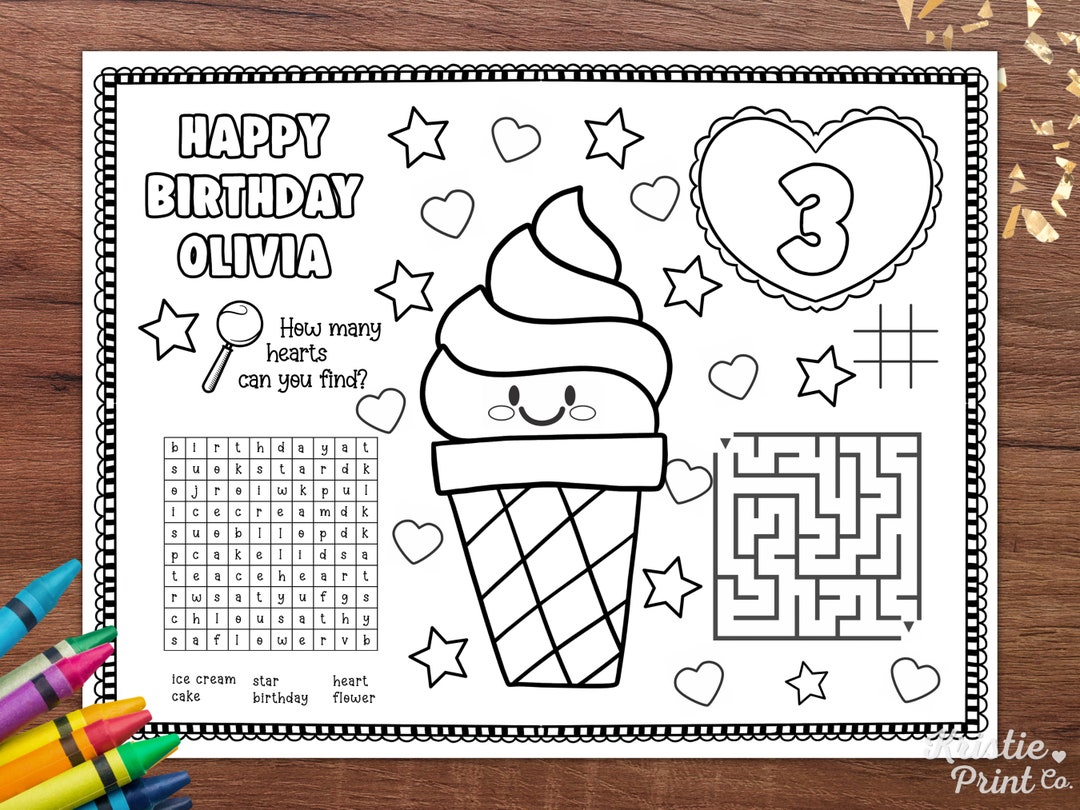 Editable Ice Cream Placemat, Ice Cream Coloring Page for Kids, Kids ...
