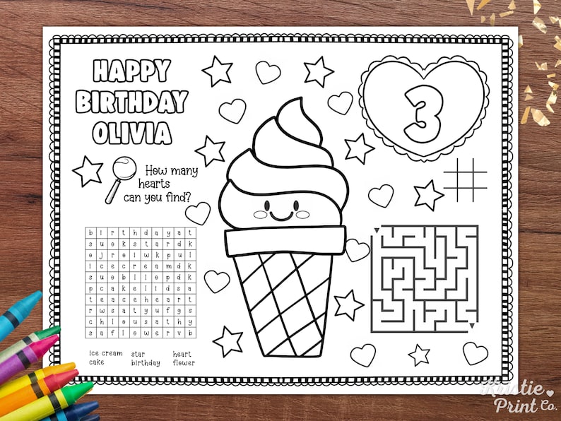 Editable Ice Cream Placemat, Ice Cream Coloring Page for Kids, Kids ...
