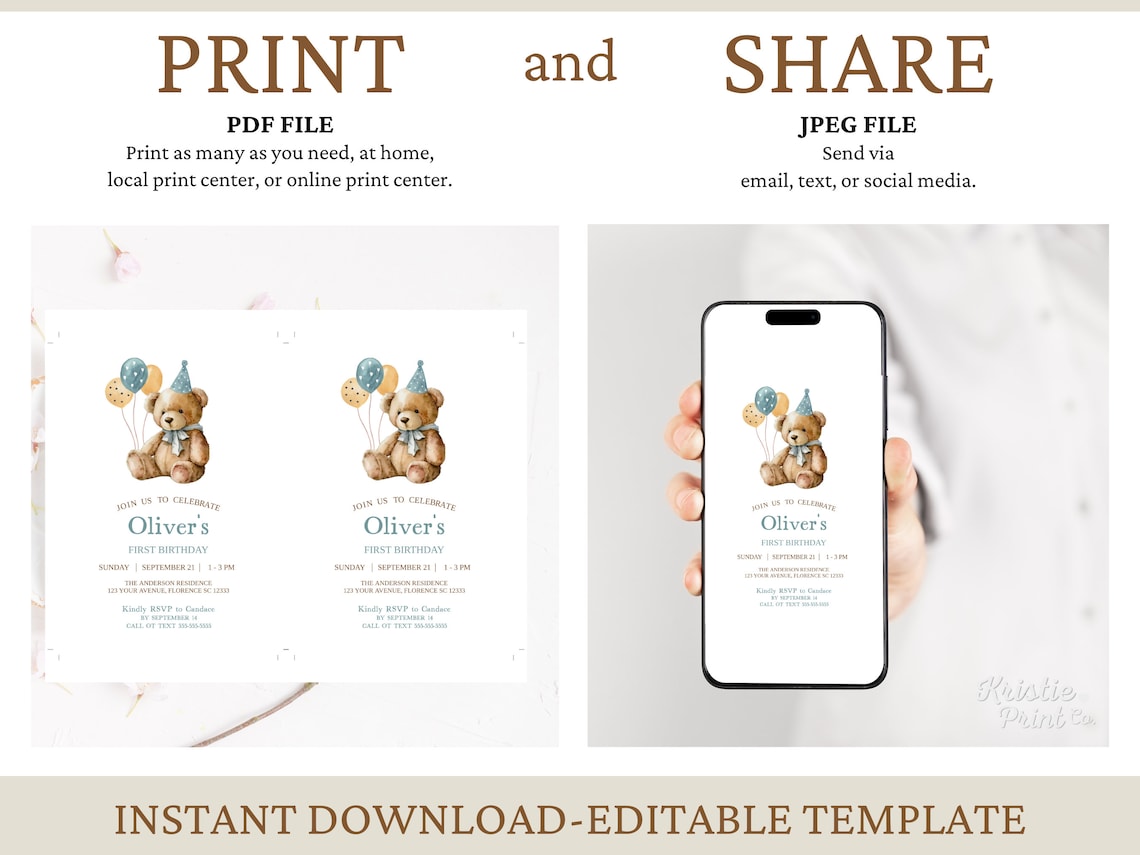 Editable Teddy Bear Birthday Invite First Birthday Invitation - Etsy