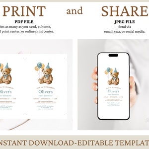 Editable Teddy Bear Birthday Invite, First Birthday Invitation Boy ...