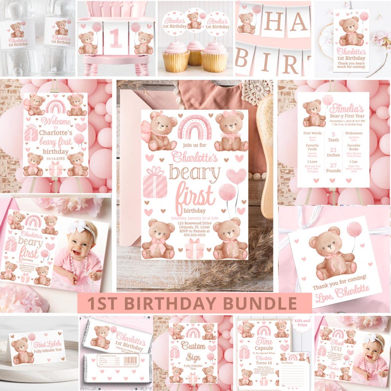 Beary First Birthday Bundle Girl Bear First Birthday Coquette Birthday ...