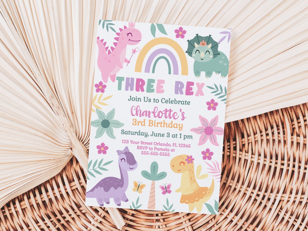 Three Rex Birthday Invitation Girl 3 Rex Invite Dinosaur Birthday ...