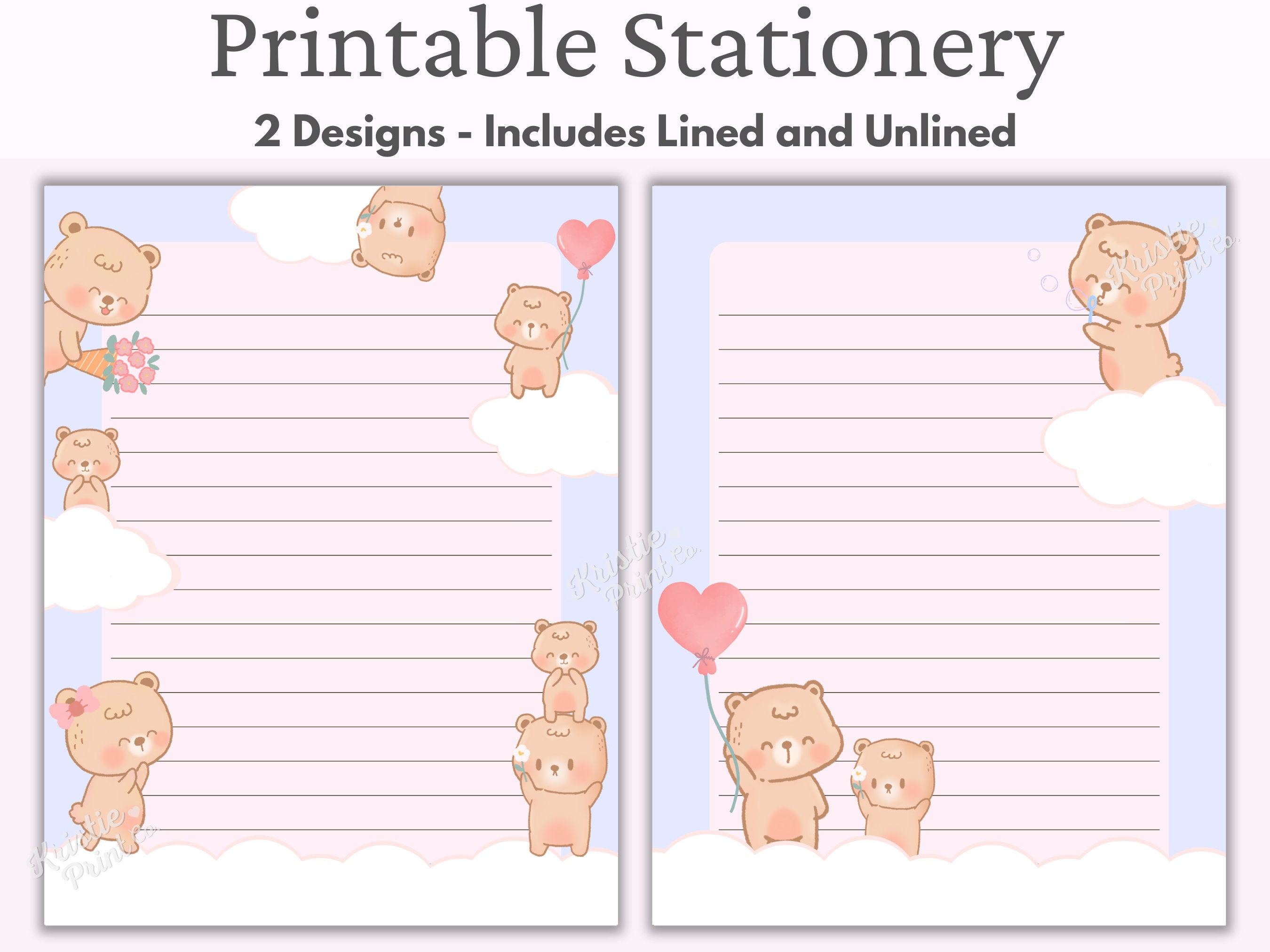 Kawaii Stationery Printable Set, Bear Stationery, Cute Stationery ...