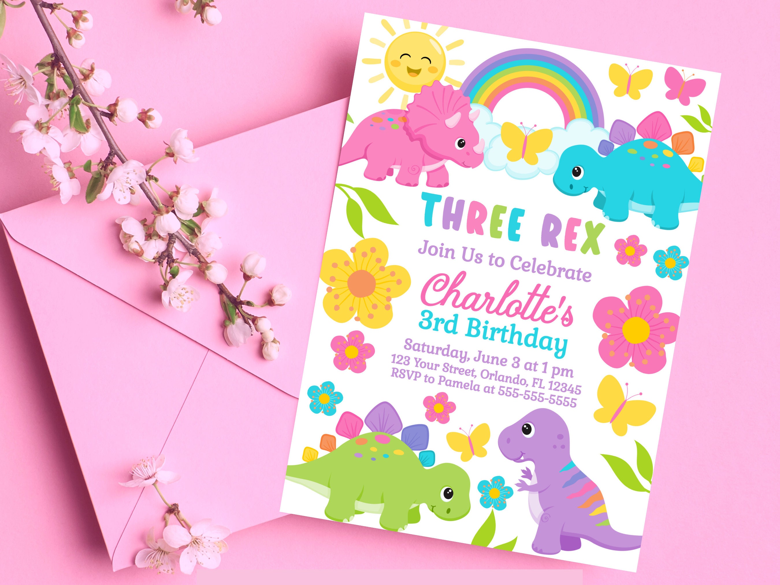 Dinosaur Girl Birthday Invites 3 Girl Three Rex Birthday Invitation ...