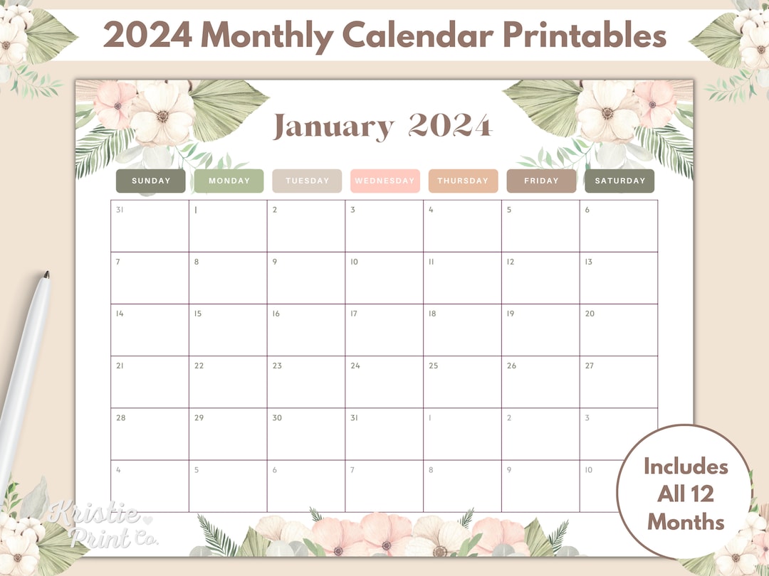 Boho Calendar 2024, Monthly Calendar Printable, Sunday Start Planner ...