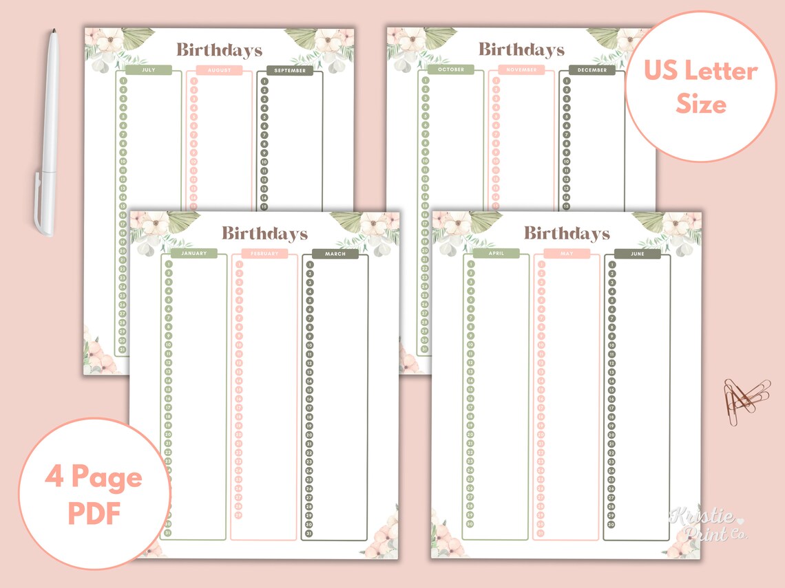 Birthday Tracker Printable, Birthday List, Birthday Planner Printable ...