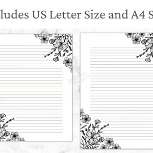 Black and White Floral Lined Paper, Printable Stationery Paper, Journal ...