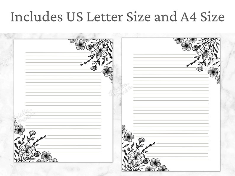 Black and White Floral Lined Paper Printable Stationery - Etsy