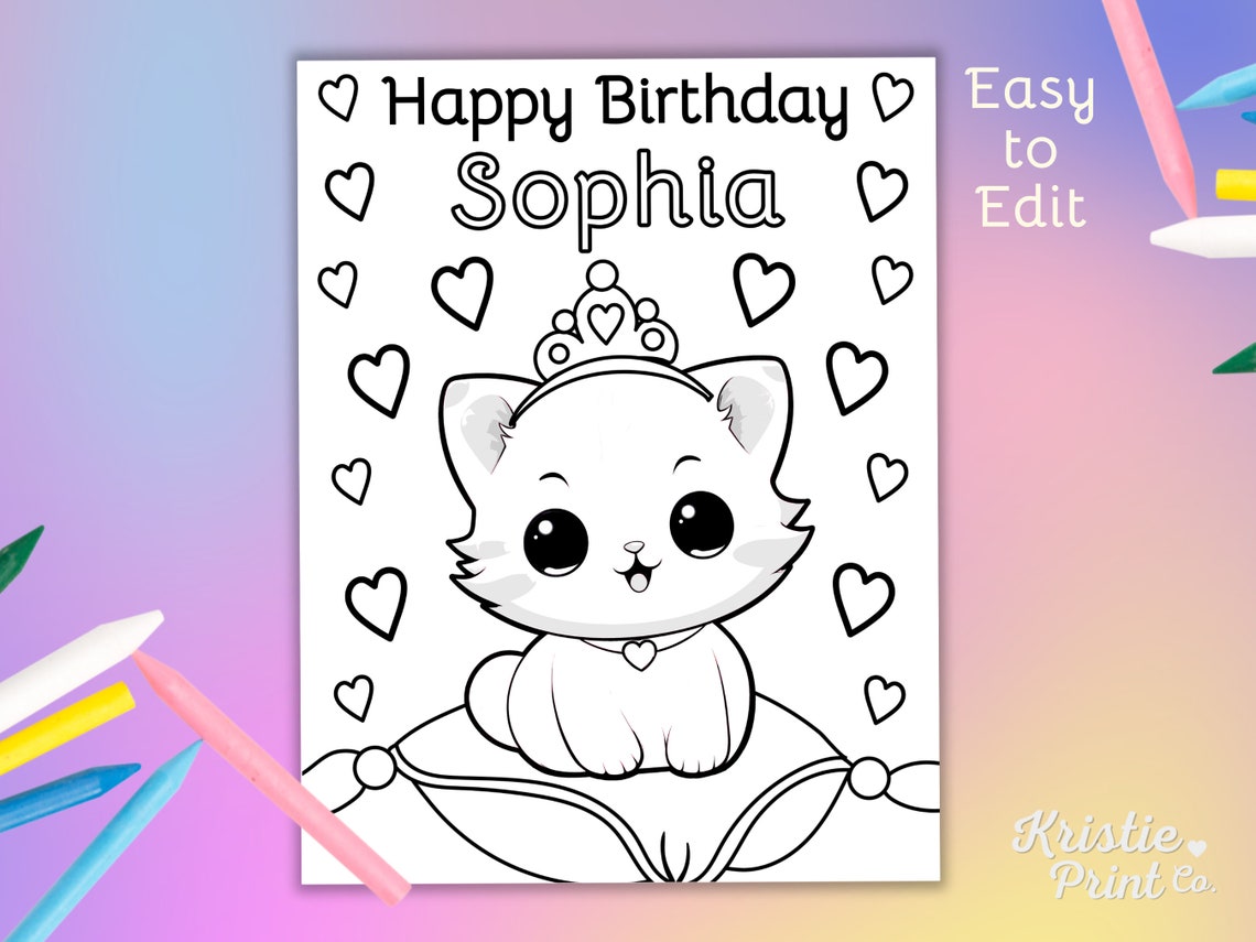 Editable Cat Birthday Coloring Page Printable Birthday Activity Custom ...